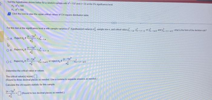 Solved H0a2≤100 H2a2>100 Clict the icen to view the upper | Chegg.com