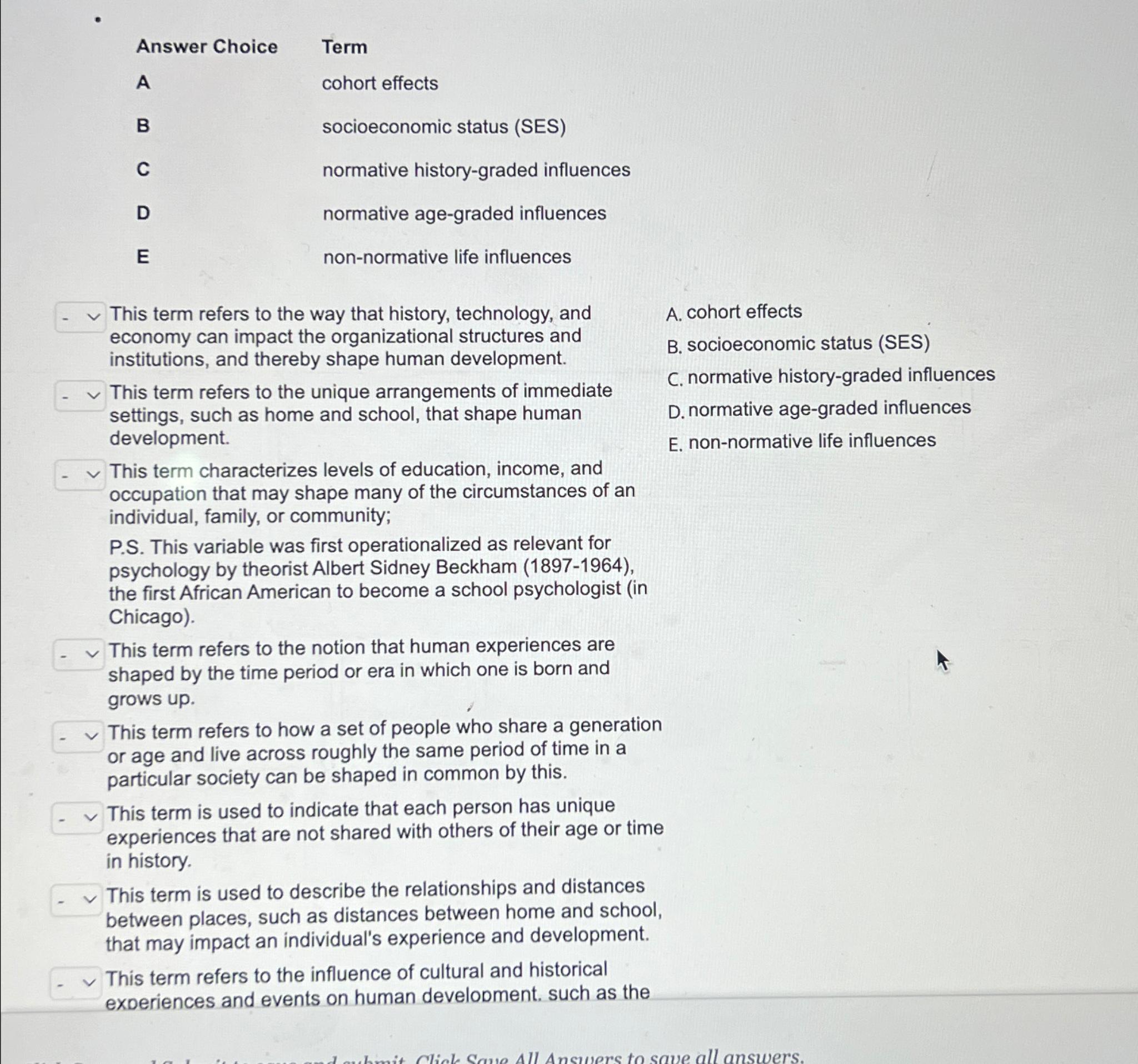 Answer Choice TermABCDE cohort effectssocioeconomic | Chegg.com