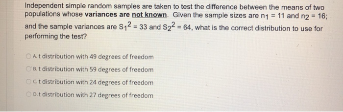 Solved Independent simple random samples are taken to test | Chegg.com