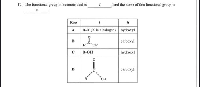 Solved 17. The functional group in butanoic acid is and the | Chegg.com