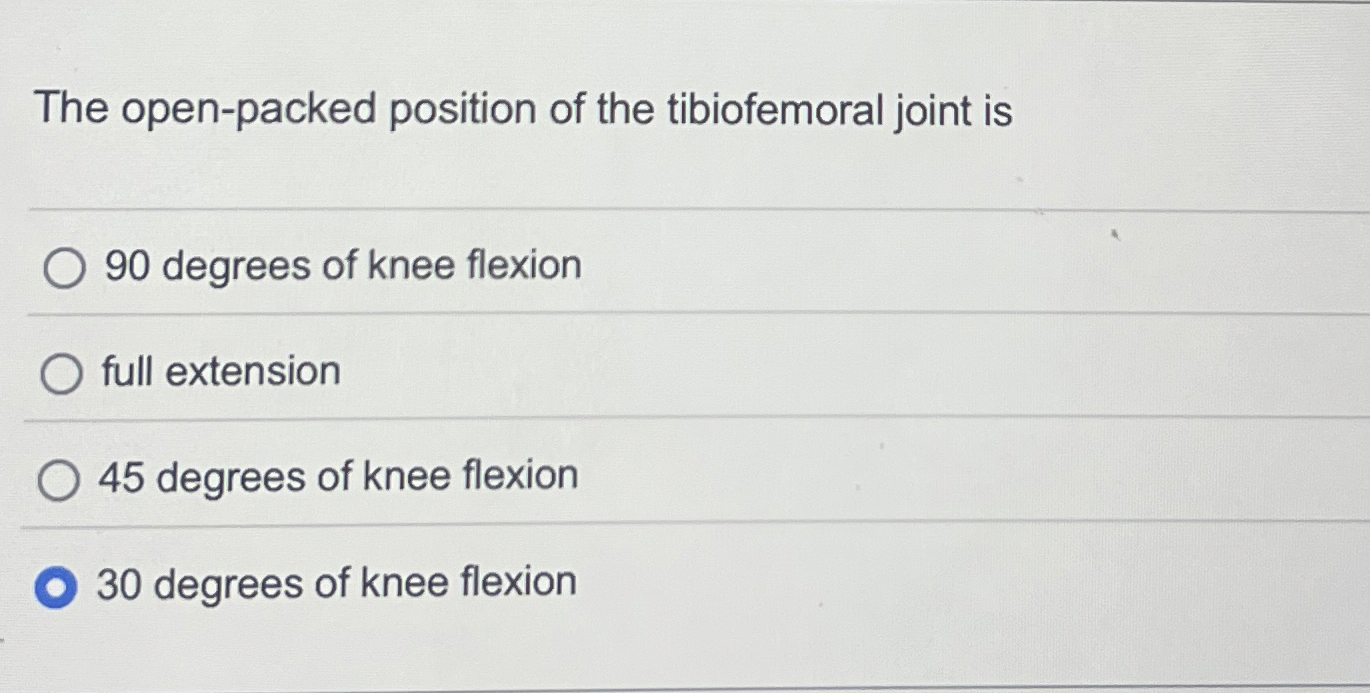 Solved The open-packed position of the tibiofemoral joint | Chegg.com