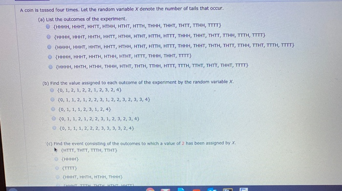 Solved A coin is tossed four times. Let the random variable | Chegg.com
