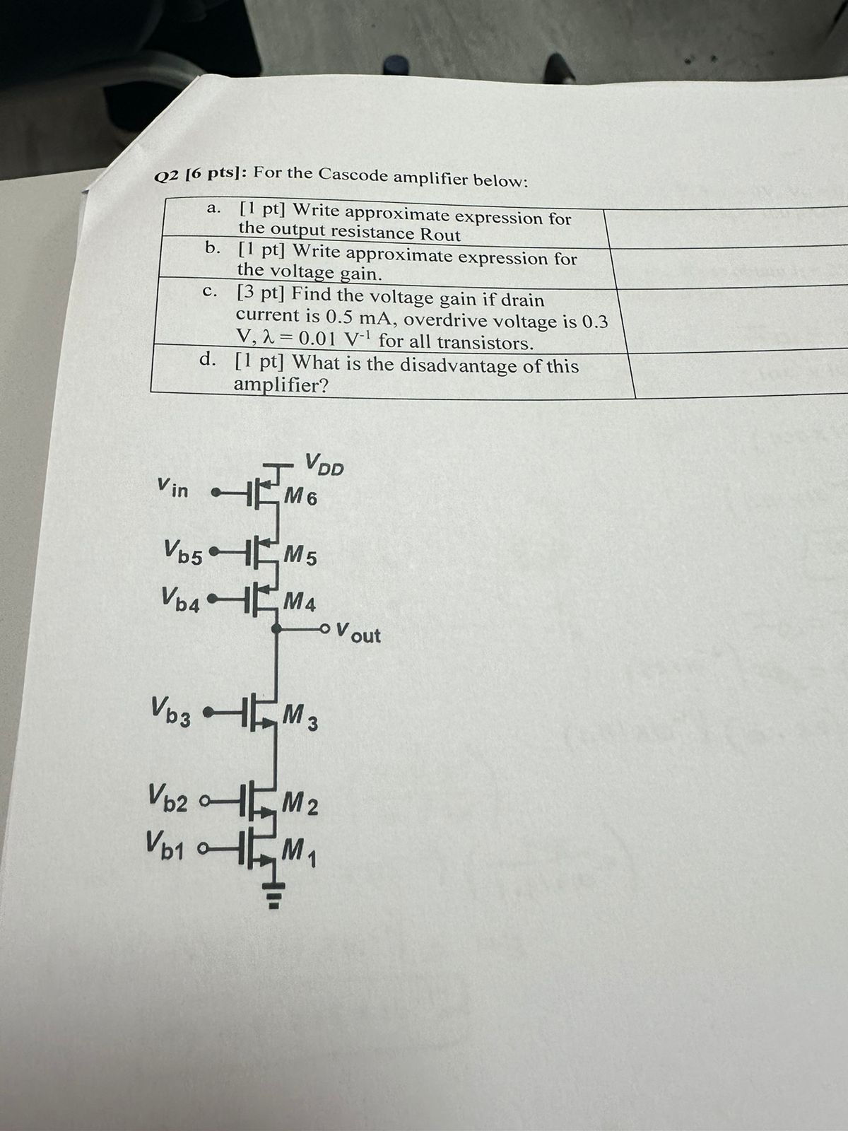 Solved Q2 [6 ﻿pts]: For the Cascode amplifier below: | Chegg.com