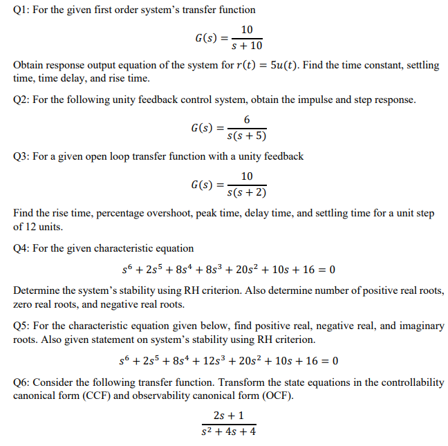 Solved Q1: For the given first order system's transfer | Chegg.com