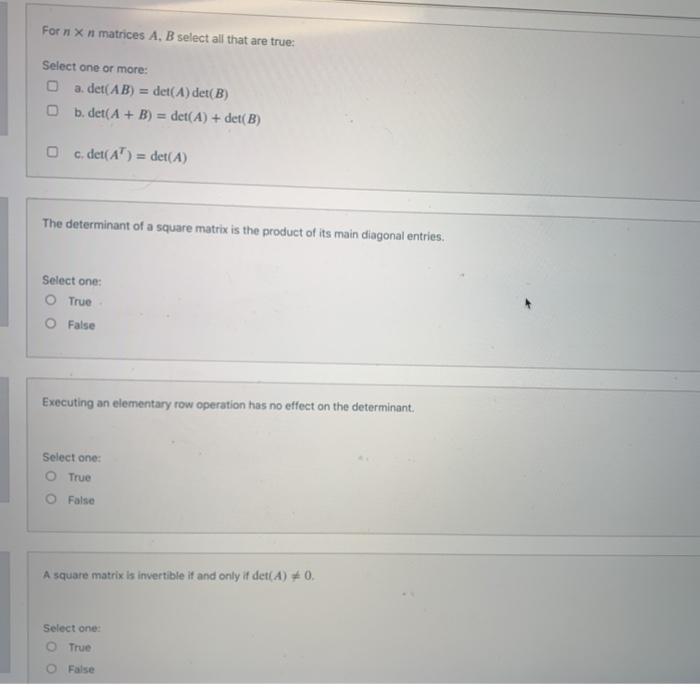 Solved For n x n matrices A, B select all that are true: | Chegg.com