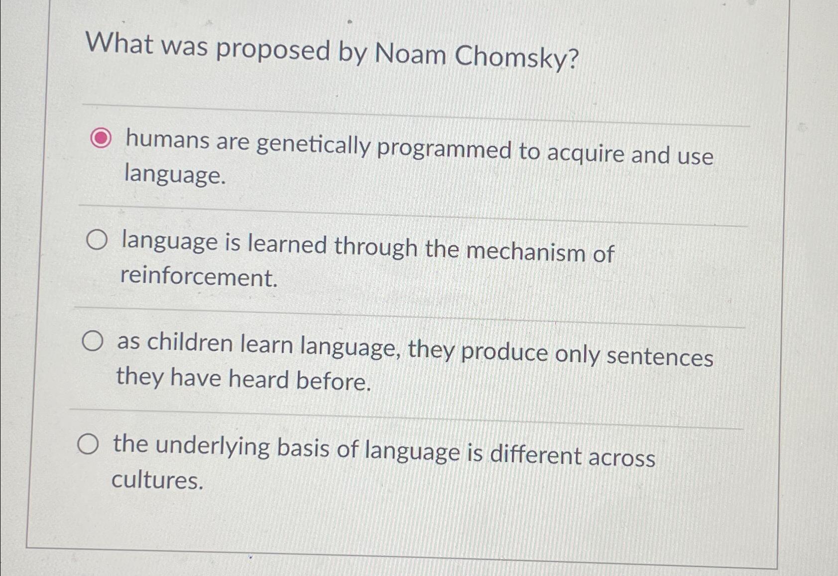 Solved What was proposed by Noam Chomsky?humans are | Chegg.com