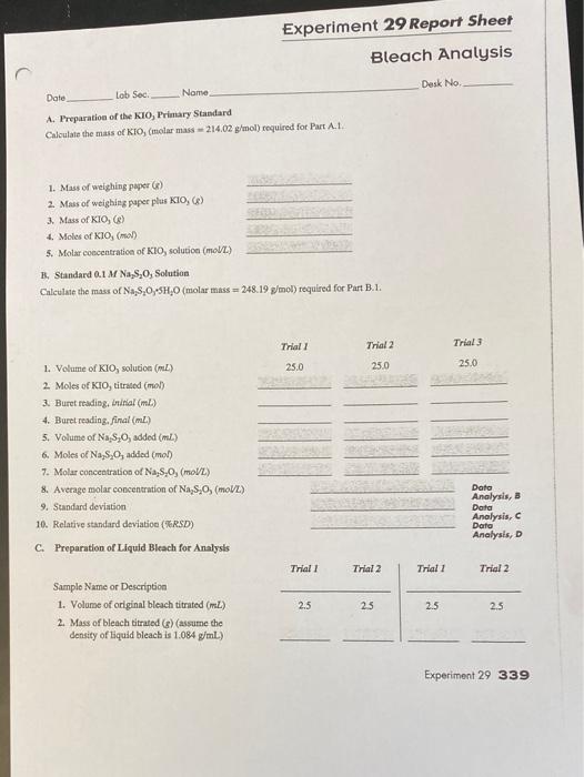 Experiment 29 Report Sheet Bleach Analysis Desk No | Chegg.com