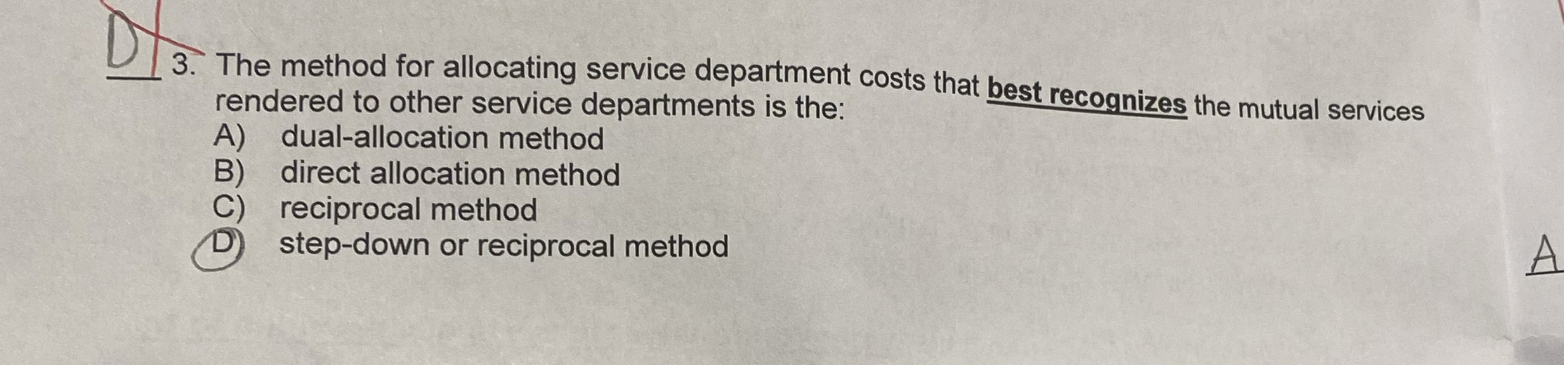 Solved The method for allocating service department costs | Chegg.com