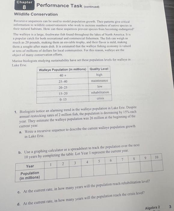 Solved Performance Task (continuod) Wildlife Conservation | Chegg.com