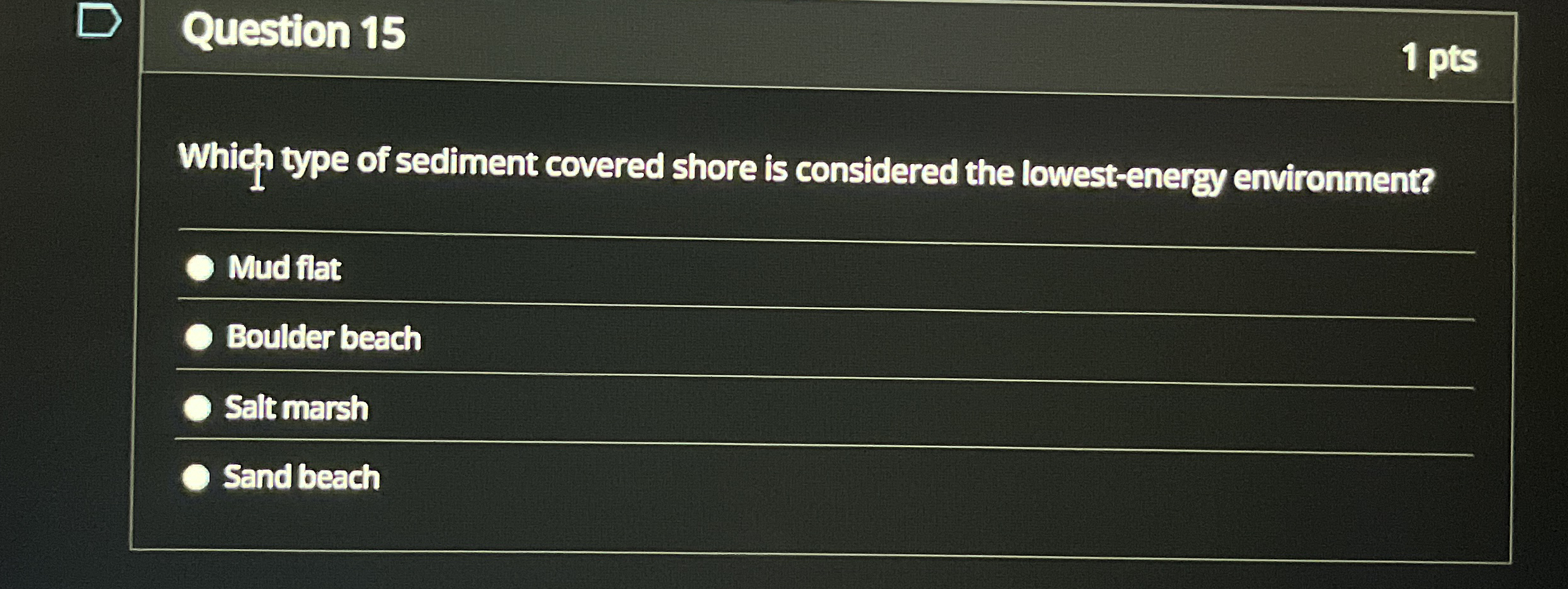 Solved Question 151 ﻿ptsWhich type of sediment covered shore | Chegg.com