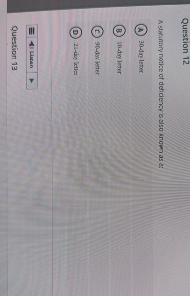 Solved Question 12A statutory notice of deficiency is also | Chegg.com