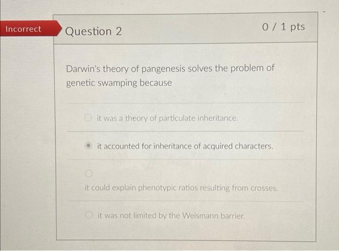 Solved Incorrect Question 2 0 / 1 pts Darwin's theory of | Chegg.com