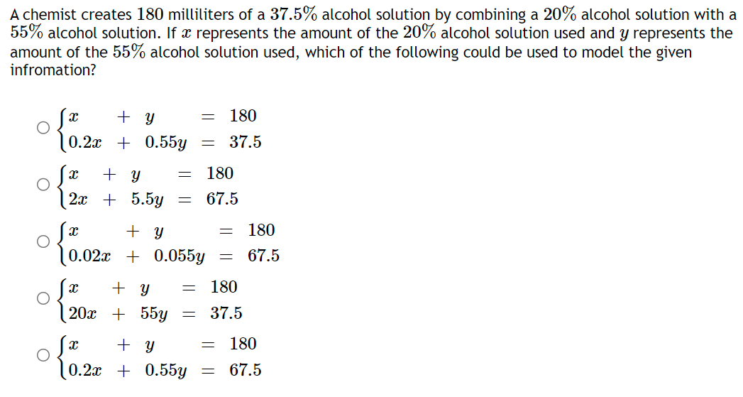 Solved A chemist creates 180 ﻿milliliters of a 37.5% | Chegg.com