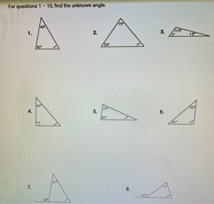 Solved For questions 1 - 10, find the unknown angle. 75° 40° | Chegg.com