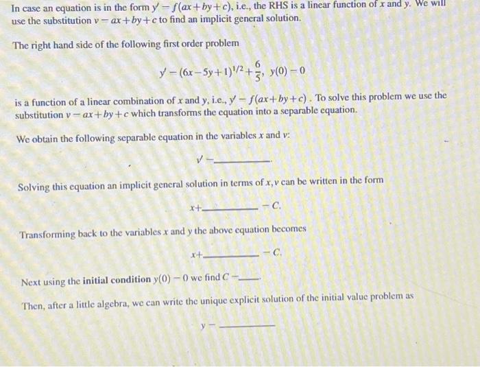Solved In case an equation is in the form y′−f(ax+by+c), | Chegg.com