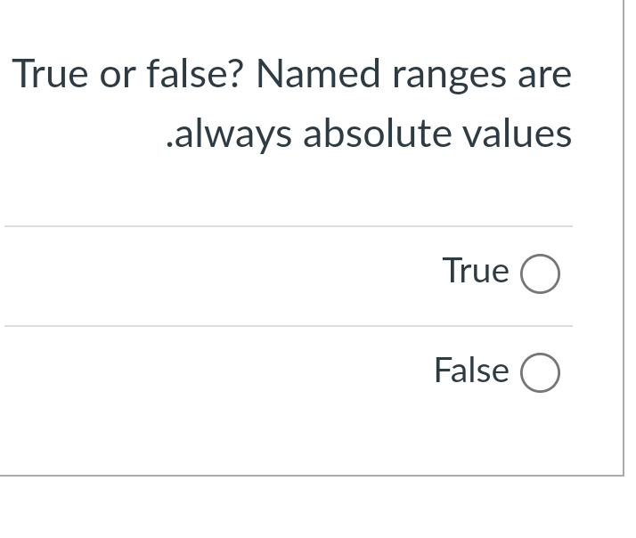 Solved True or false? Named ranges are .always absolute | Chegg.com