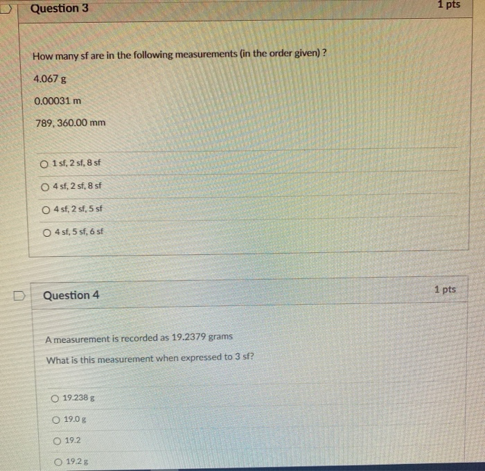 Solved Question 3 1 pts How many sf are in the following | Chegg.com