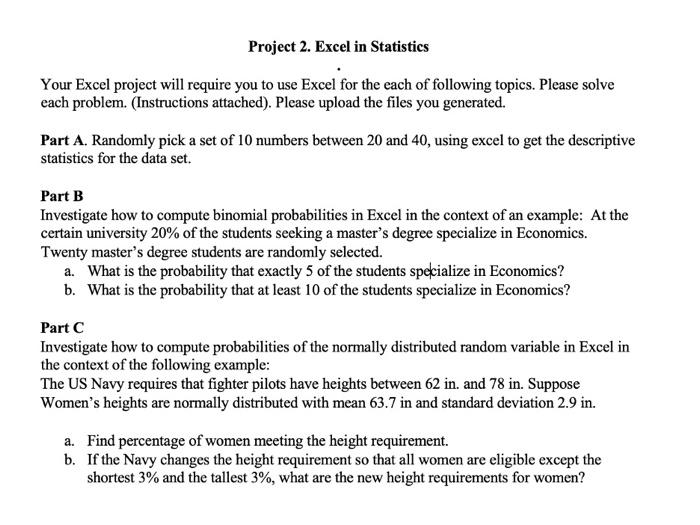 Solved Project 2. Excel in Statistics Your Excel project | Chegg.com