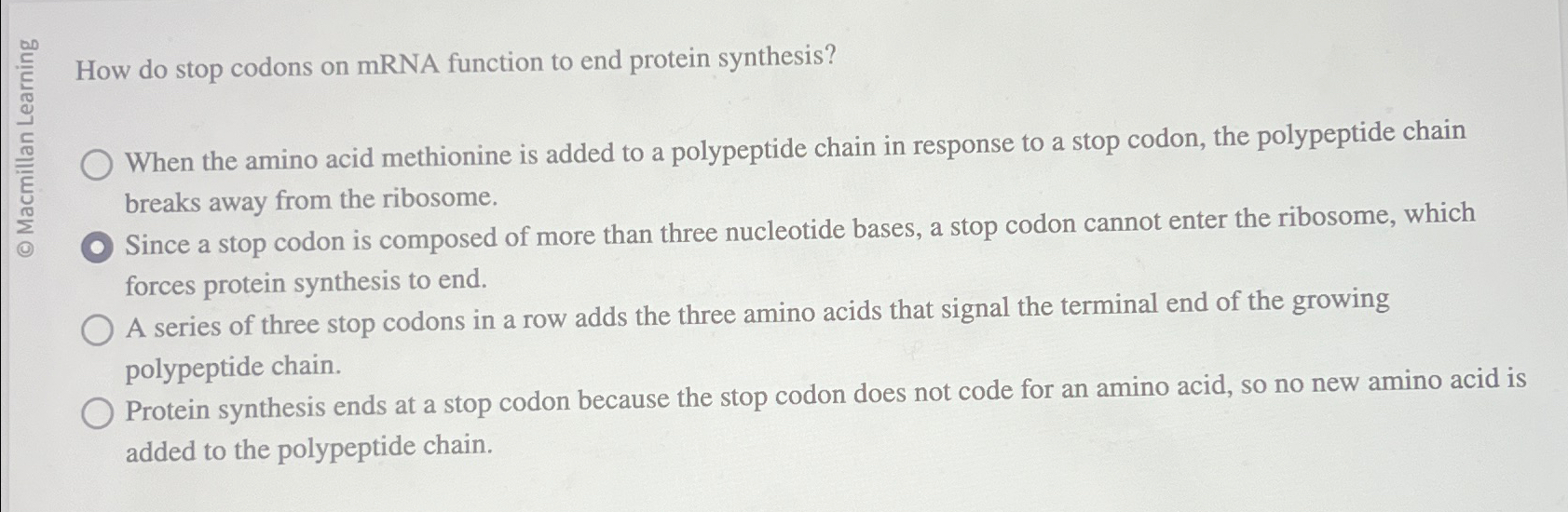 Solved How do stop codons on mRNA function to end protein | Chegg.com