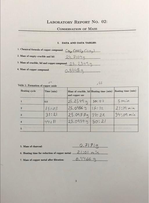 Solved LABORATORY Experiment No. 02: CONSERVATION OF MASS L | Chegg.com