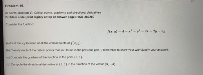 Solved Problem 16. (5 points) Section VI. Critical points, | Chegg.com