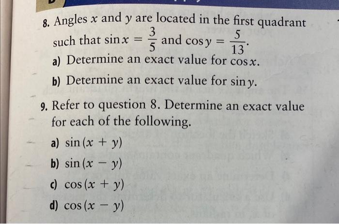 Solved 8. Angles x and y are located in the first quadrant 3 | Chegg.com