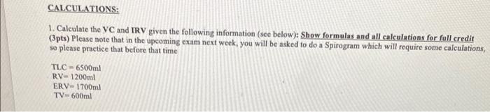 Solved CALCULATIONS: 1. Calculate the VC and IRV given the | Chegg.com