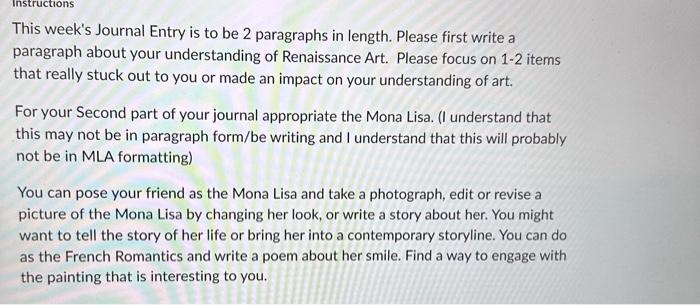 Solved This week's Journal Entry is to be 2 paragraphs in | Chegg.com