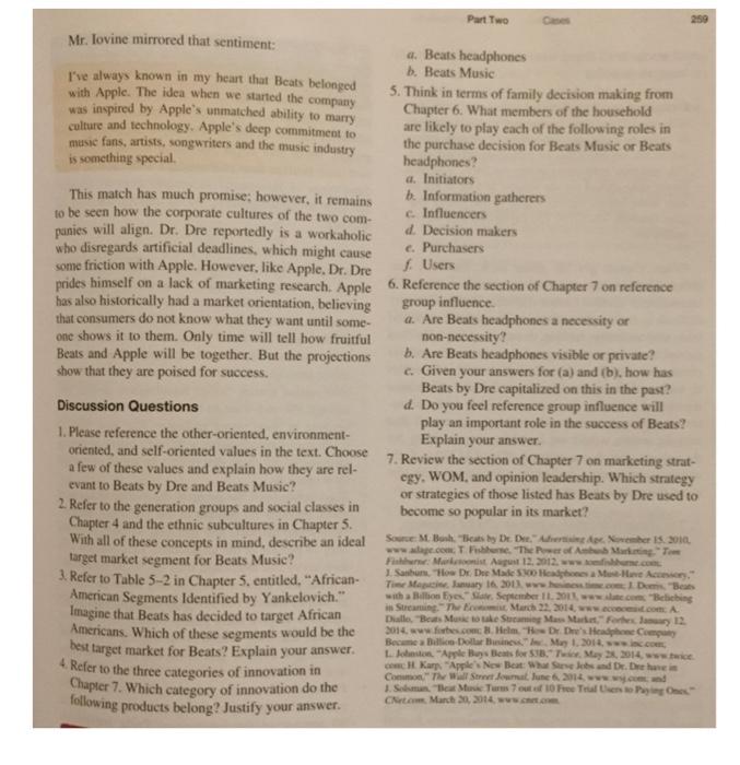 Solved Pat Two Mr. lovine mirrored that sentiment: a. Beats | Chegg.com
