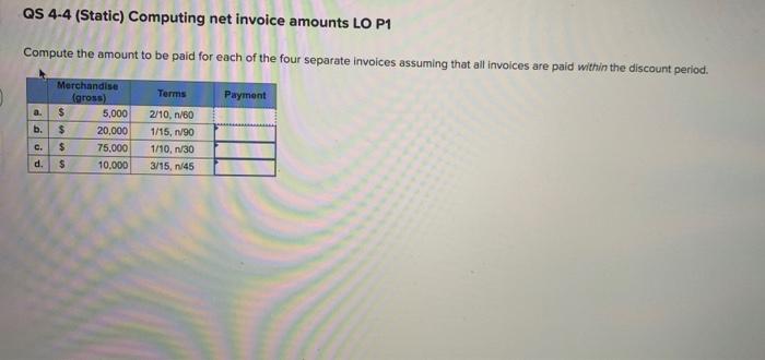 Solved QS 4-4 (Static) Computing net invoice amounts LO P1 | Chegg.com