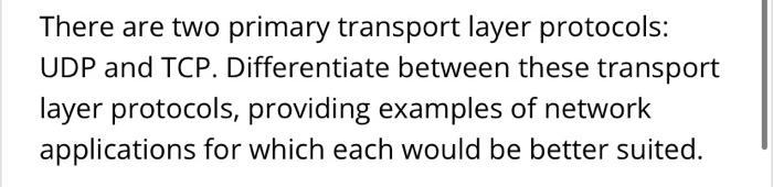 Solved There are two primary transport layer protocols: UDP | Chegg.com
