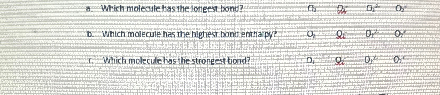 Solved a. ﻿Which molecule has the longest | Chegg.com