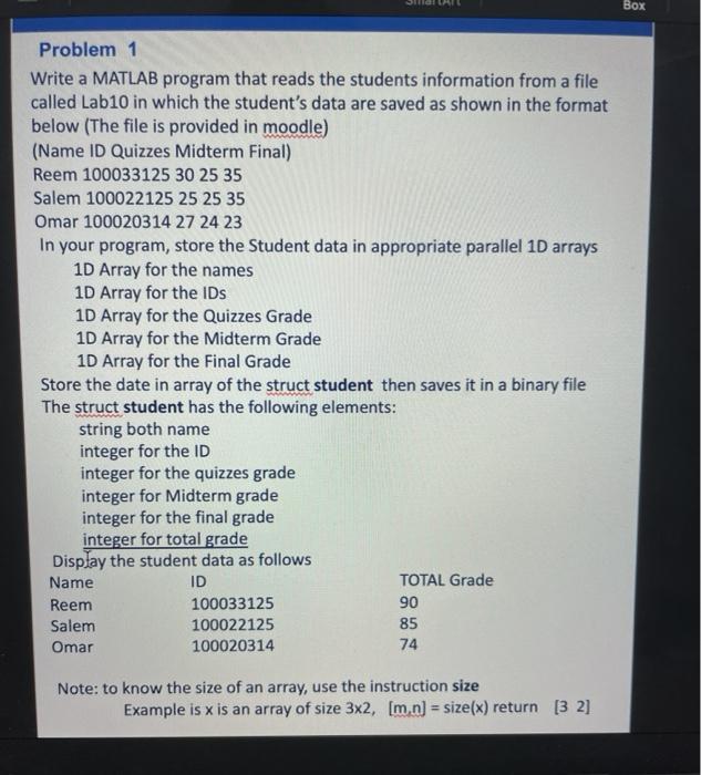 Solved Box Problem 1 Write a MATLAB program that reads the | Chegg.com