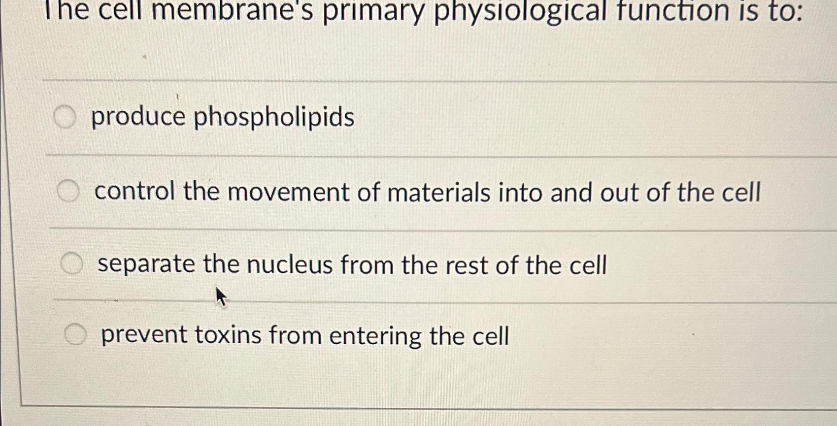 Solved The cell membrane's primary physiological function is | Chegg.com