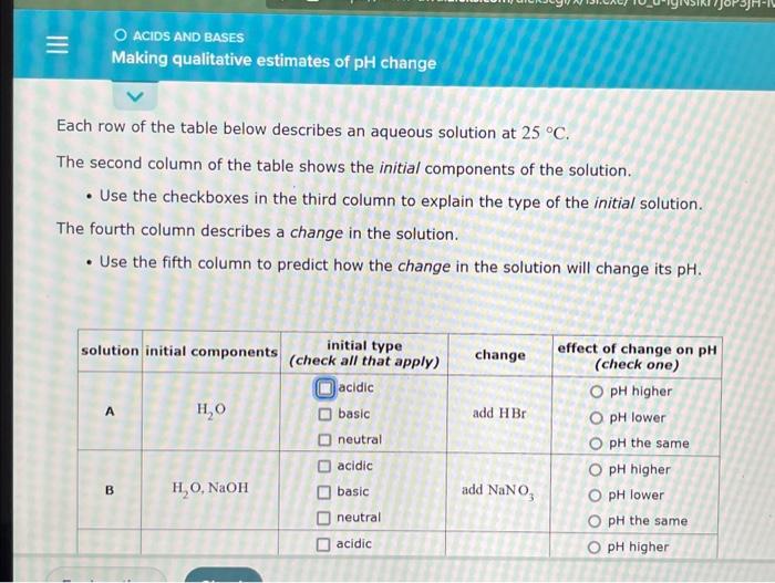 Solved Each row of the table below describes an aqueous | Chegg.com
