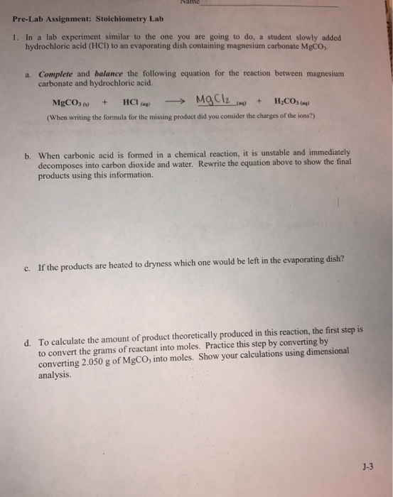 Solved Name Pre-Lab Assignment: Stoichiometry Lab 1. In a | Chegg.com