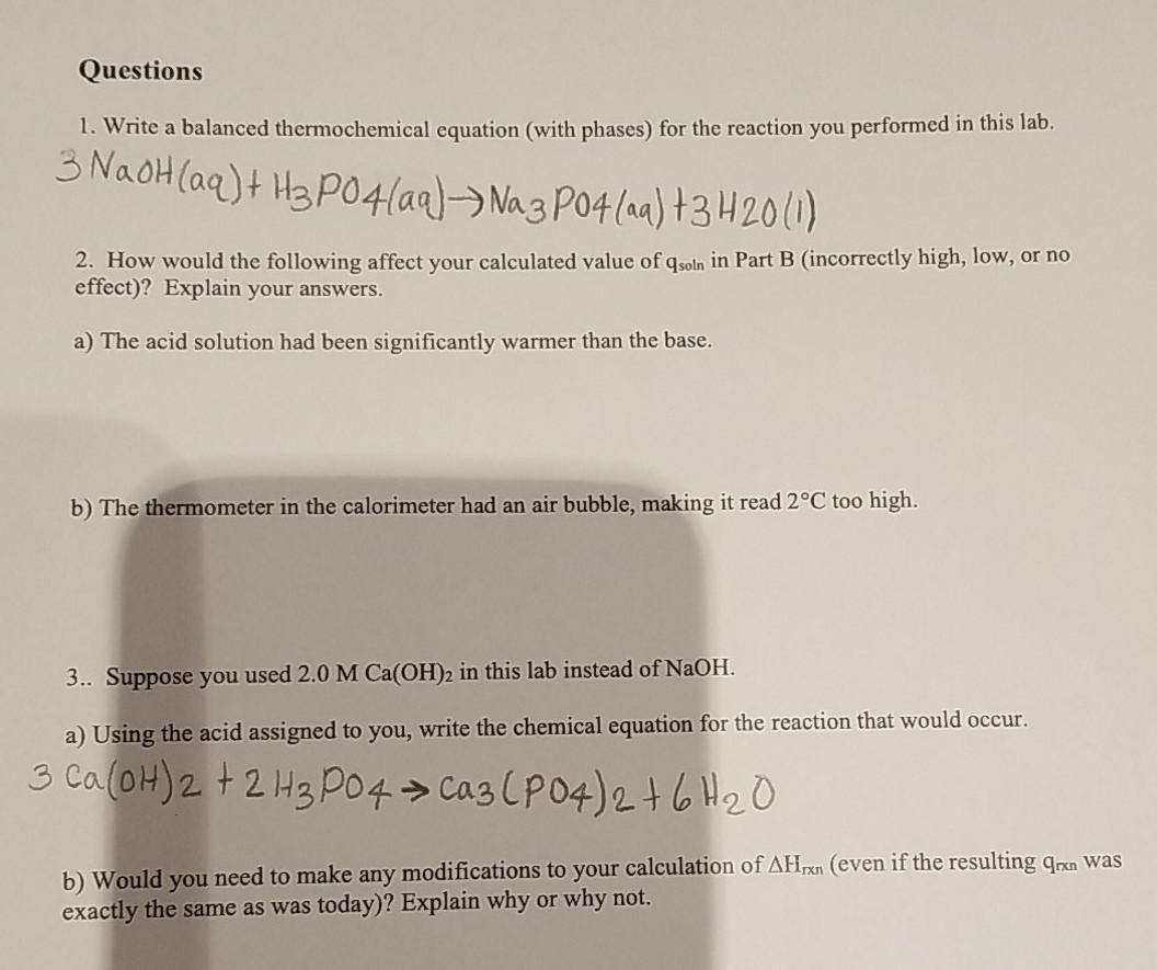 Solved Questions 1. Write a balanced thermochemical equation | Chegg.com