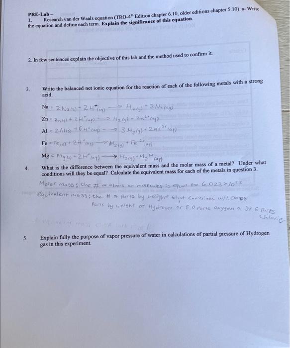 Solved PRE-Lab - 1. Research van der Waals equation (TRO-4⿴囗 | Chegg.com