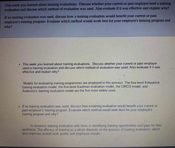 Solved This week you leamed about training evaluations. | Chegg.com