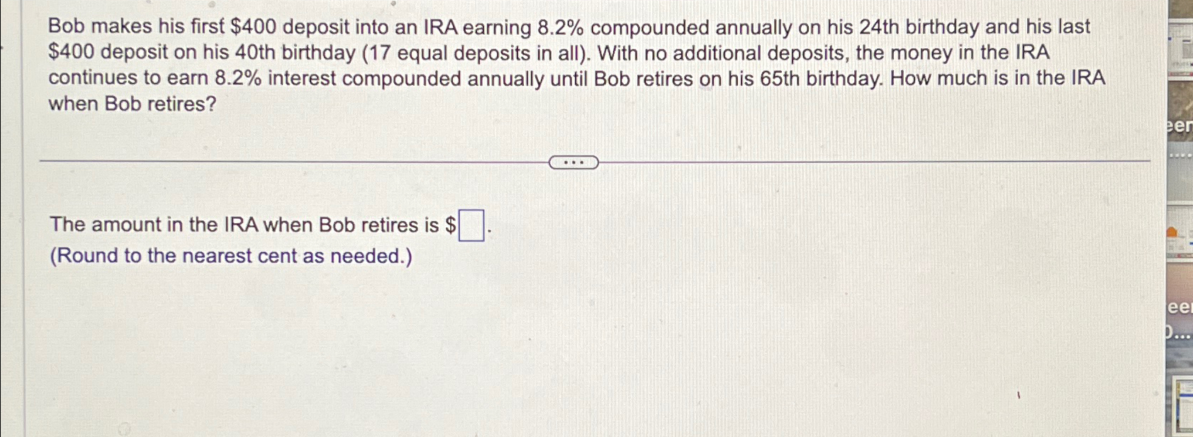Solved Bob makes his first $400 ﻿deposit into an IRA earning | Chegg.com