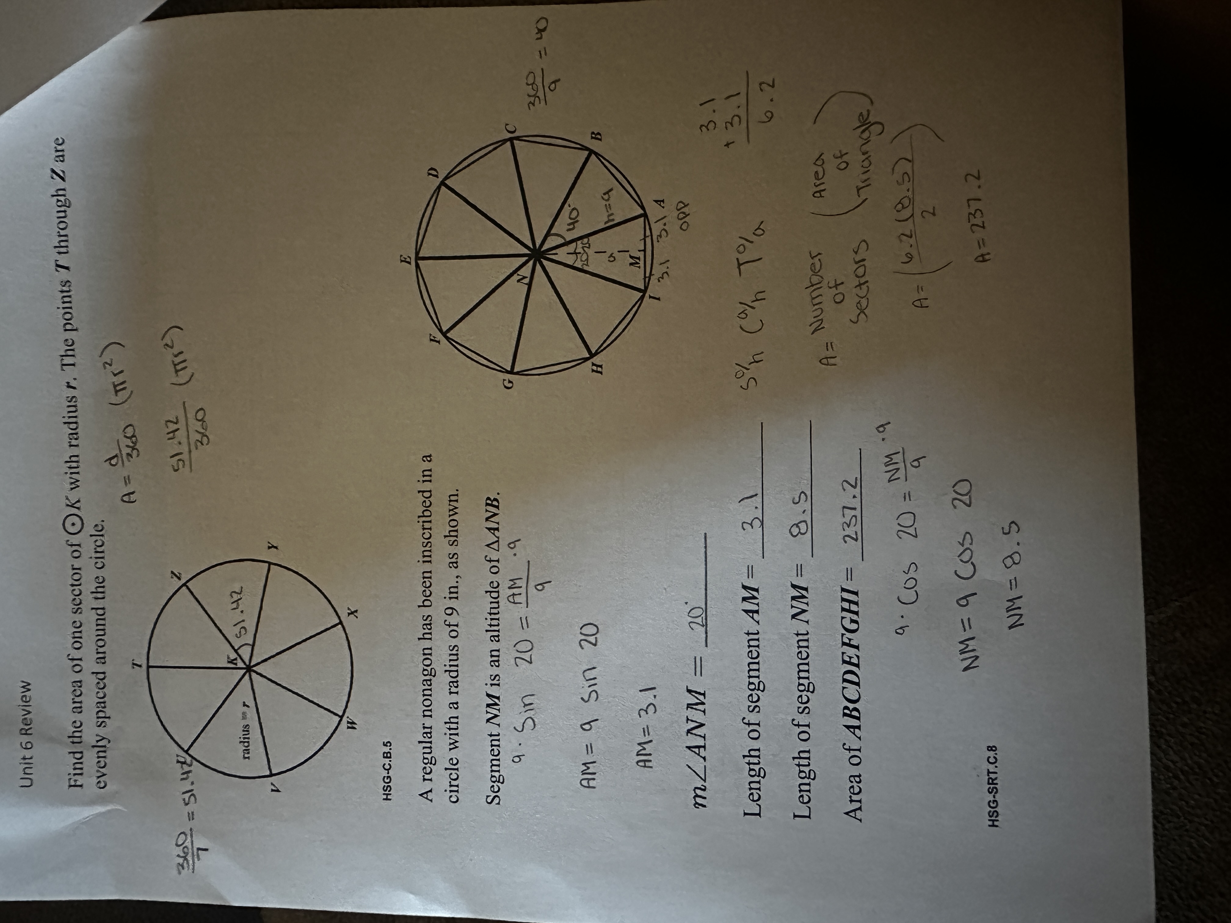 Solved Unit 6 ﻿ReviewFind the area of one sector of o.K | Chegg.com