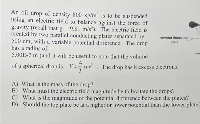 Solved An oil drop of density 800kg/m^3 is to be suspended | Chegg.com