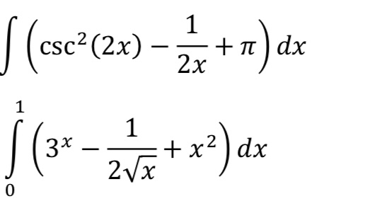 Solved ∫﻿﻿(csc2(2x)-12x+π)dx∫01(3x-12x2+x2)dx | Chegg.com