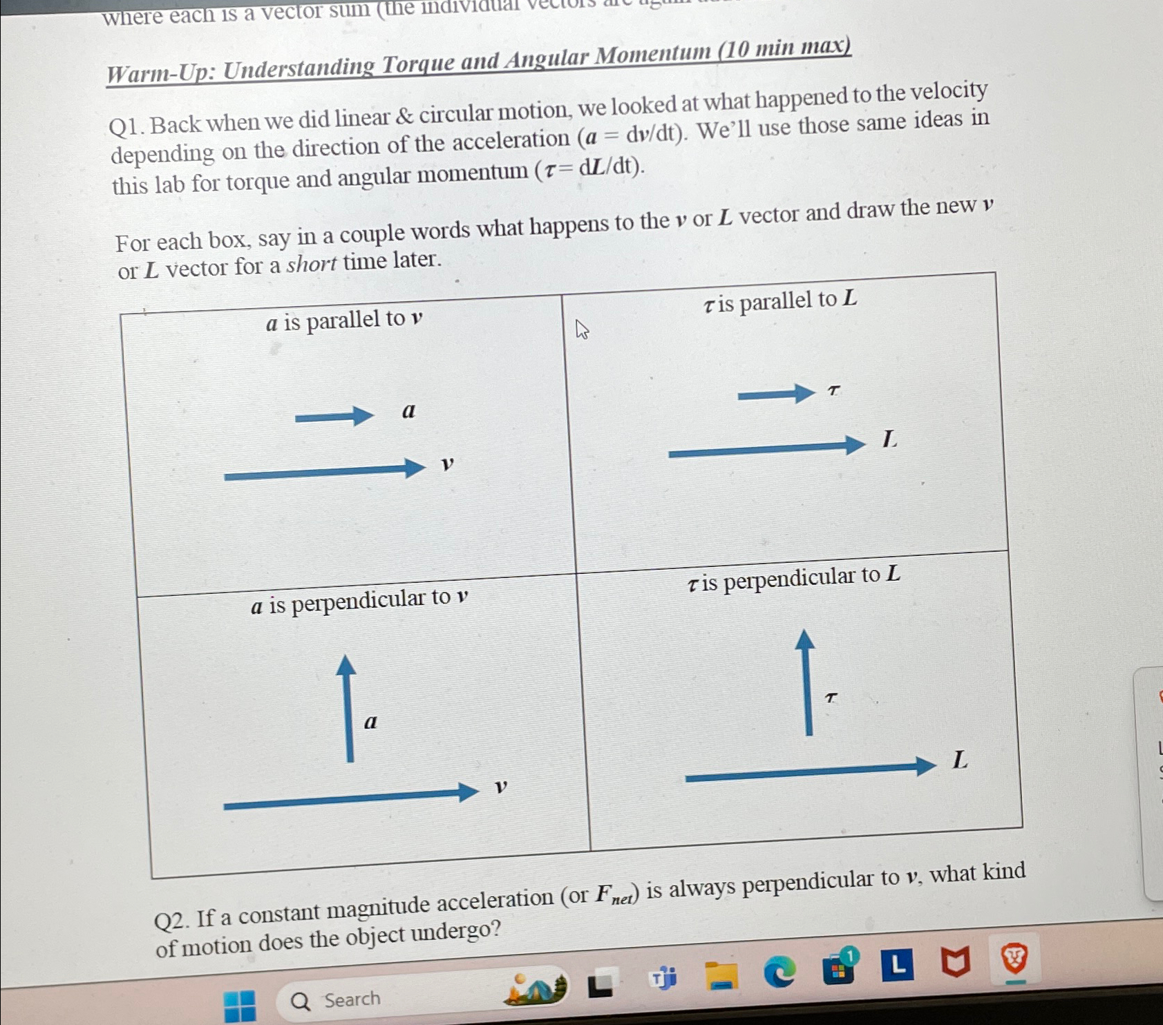 Solved Warm-Up: Understanding Torque and Angular Momentum | Chegg.com
