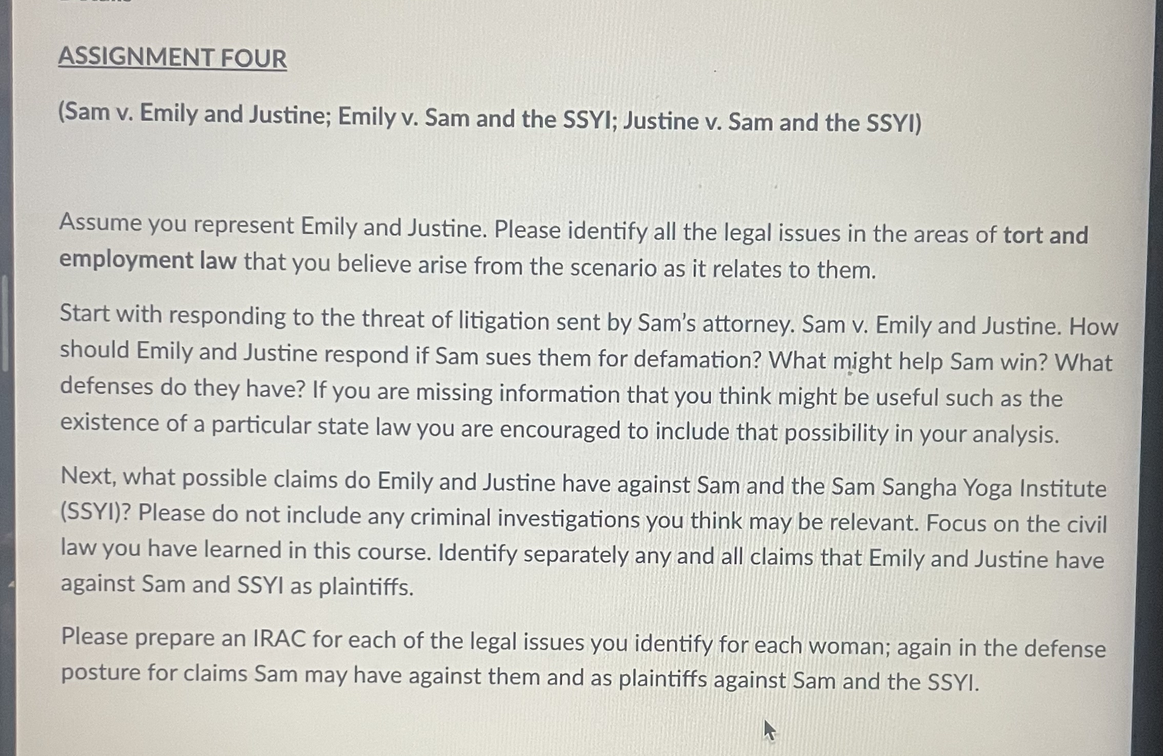Solved ASSIGNMENT FOUR(Sam v. ﻿Emily and Justine; Emily v. | Chegg.com