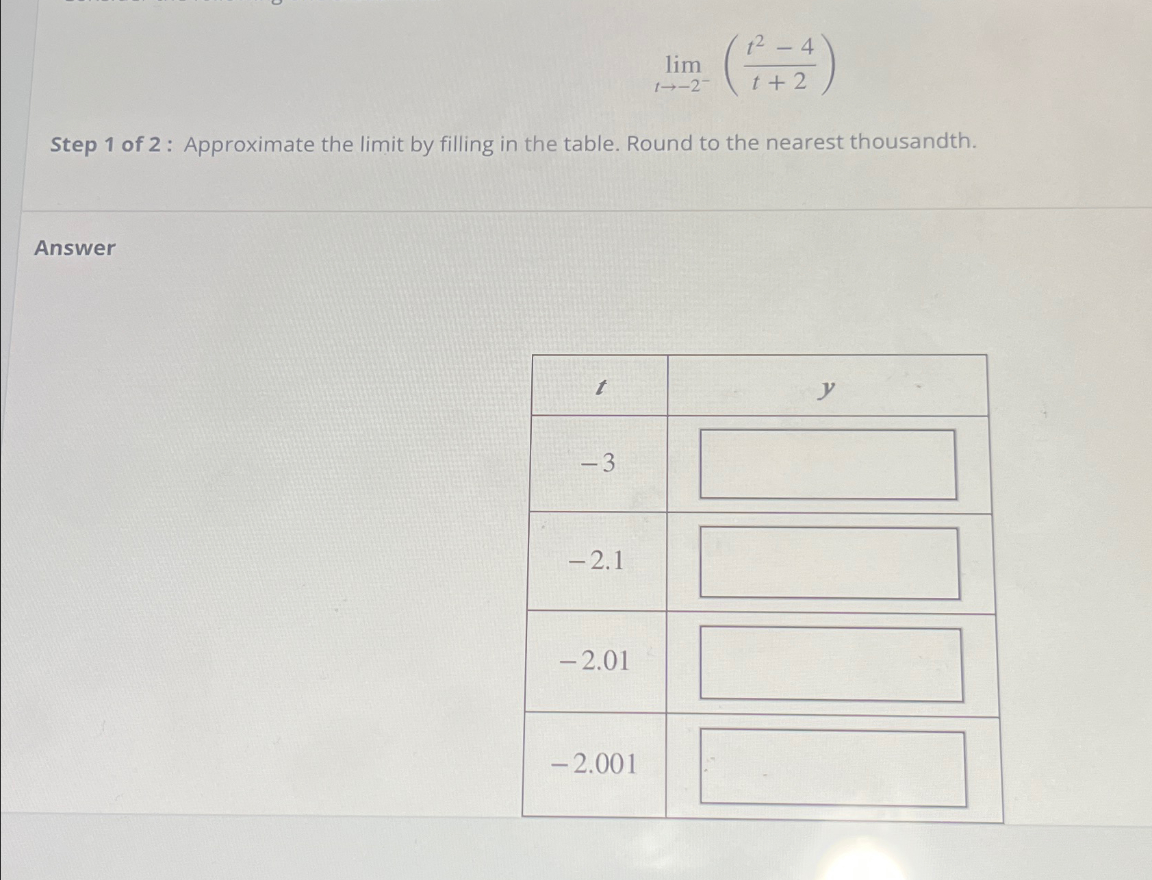 Solved limt→-2-(t2-4t+2)Step 1 ﻿of 2: Approximate the limit | Chegg.com