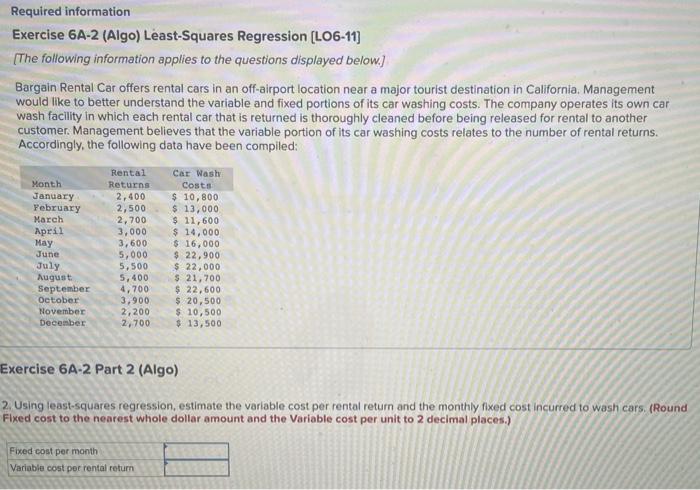 Solved Required information Exercise 6A-2 (Algo) | Chegg.com