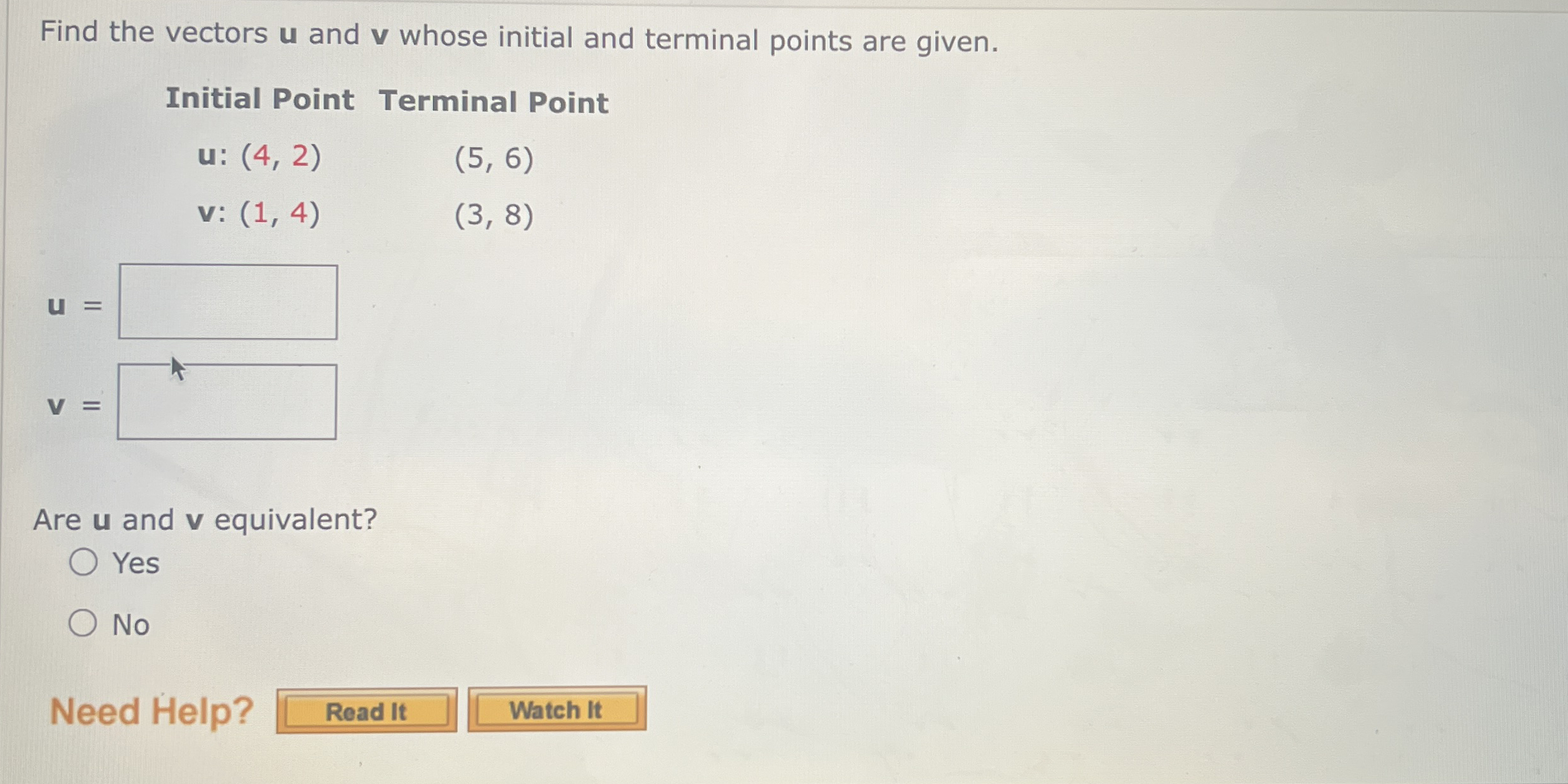 Find the vectors u ﻿and v ﻿whose initial and terminal | Chegg.com