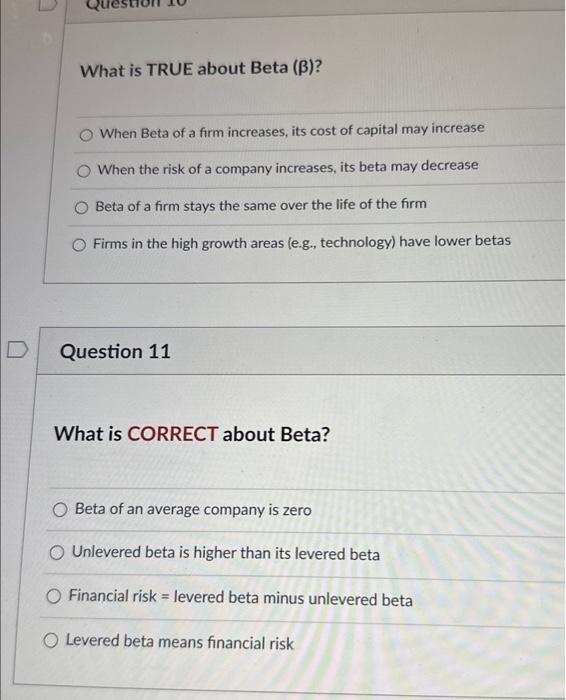 Solved What is TRUE about Beta \\( (\\beta) \\) ? When Beta | Chegg.com