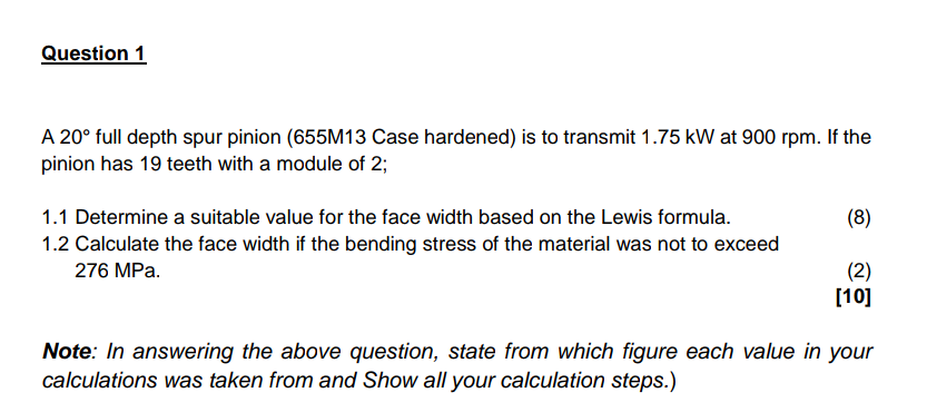 Solved Question 1 A 20° full depth spur pinion (655M13 Case | Chegg.com
